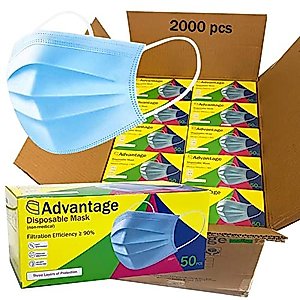Advantage -2,000 Bulk Pack - Premium Quality 3-Ply Disposable Face Masks with Elastic Earloops
