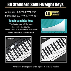 NikoMaku Foldable Digital Piano 88 Keys Portable Piano Keyboard Folding Piano Keyboard MIDI Semi Weighted Full Size Keys with Headphones, Carrying Case SWANX White