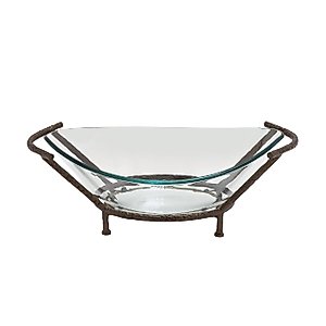 Deco 79 Tempered Glass Kitchen Serving Bowl with Brown Metal Base, 26" x 10" x 9", Clear