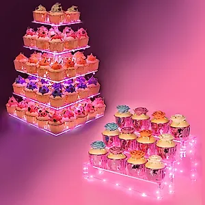 YestBuy 3 Tier Shelf Cupcake Stand (Pink) + 5 Tier Premium Cupcake Holder (Pink)