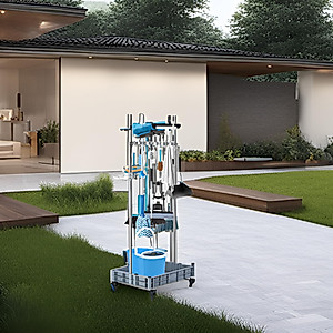 Broom Holder Organizer Movable Closet Storage Cabinet Mop Rack Floor Standing Cleaning Tool Cart For Garden Garage Schools Hotels Hospitals Factories Property Companies Restaurant (with Tank)