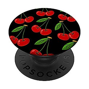 Cherry Cherries Pattern On Black Background Cute For Girls PopSockets PopGrip: Swappable Grip for Phones & Tablets