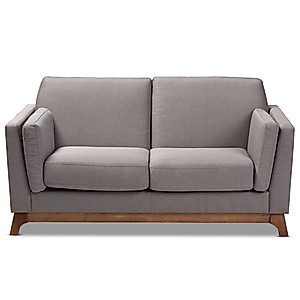 Baxton Studio Sava Mid-Century Modern Grey Fabric Upholstered Walnut Wood 2-Seater Loveseat