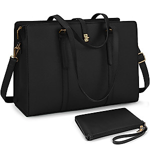 Laptop Bag for Women 15.6 Inch Leather Laptop Tote Bag Waterproof Womens Work Shoulder Bag Professional Computer Briefcase Business Office Bag Large Capacity Fashion Handbag 2PCs Set Black