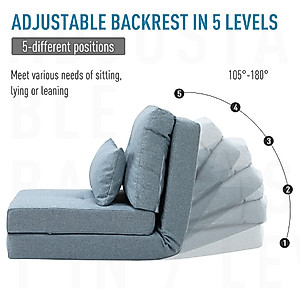 HOMCOM Convertible Flip Chair, Floor Lazy Sofa, Folding Upholstered Couch Bed with Adjustable Backrest, Metal Frame and Pillows for Living Room Bedroom, Blue