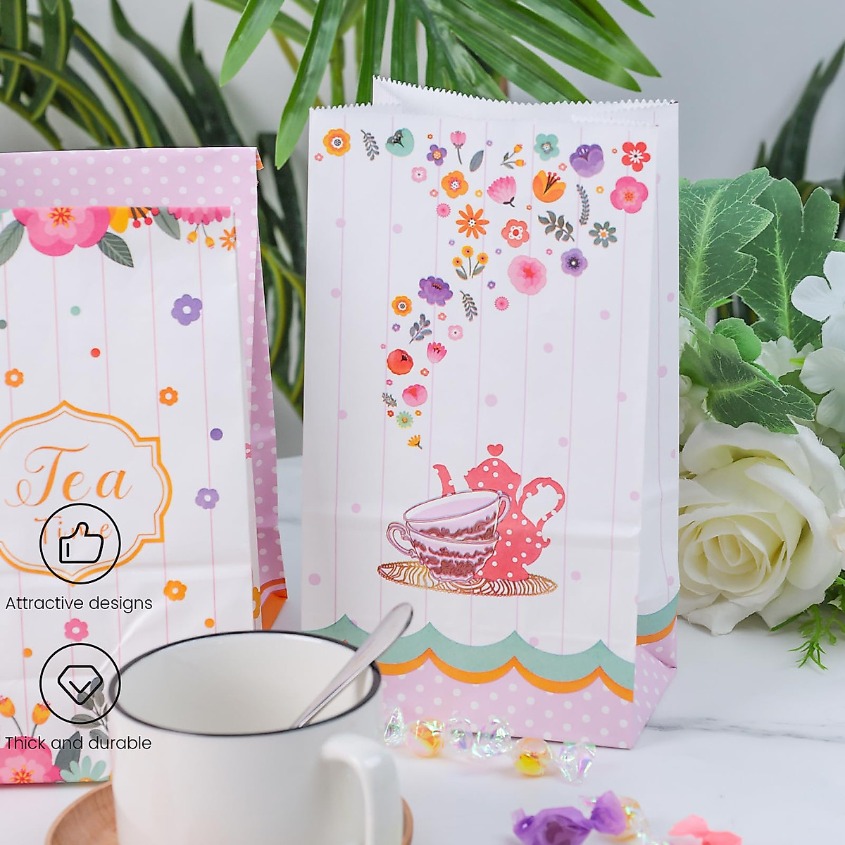 HONEYGIFTS 24PCS Party Favor Bags,Tea Party Favor Bags with Stickers, 5 x 3 x 8.7inches Candy Bags Floral Gift Bags Treat Bags Goodie Bags for Kids Girls Birthday Party