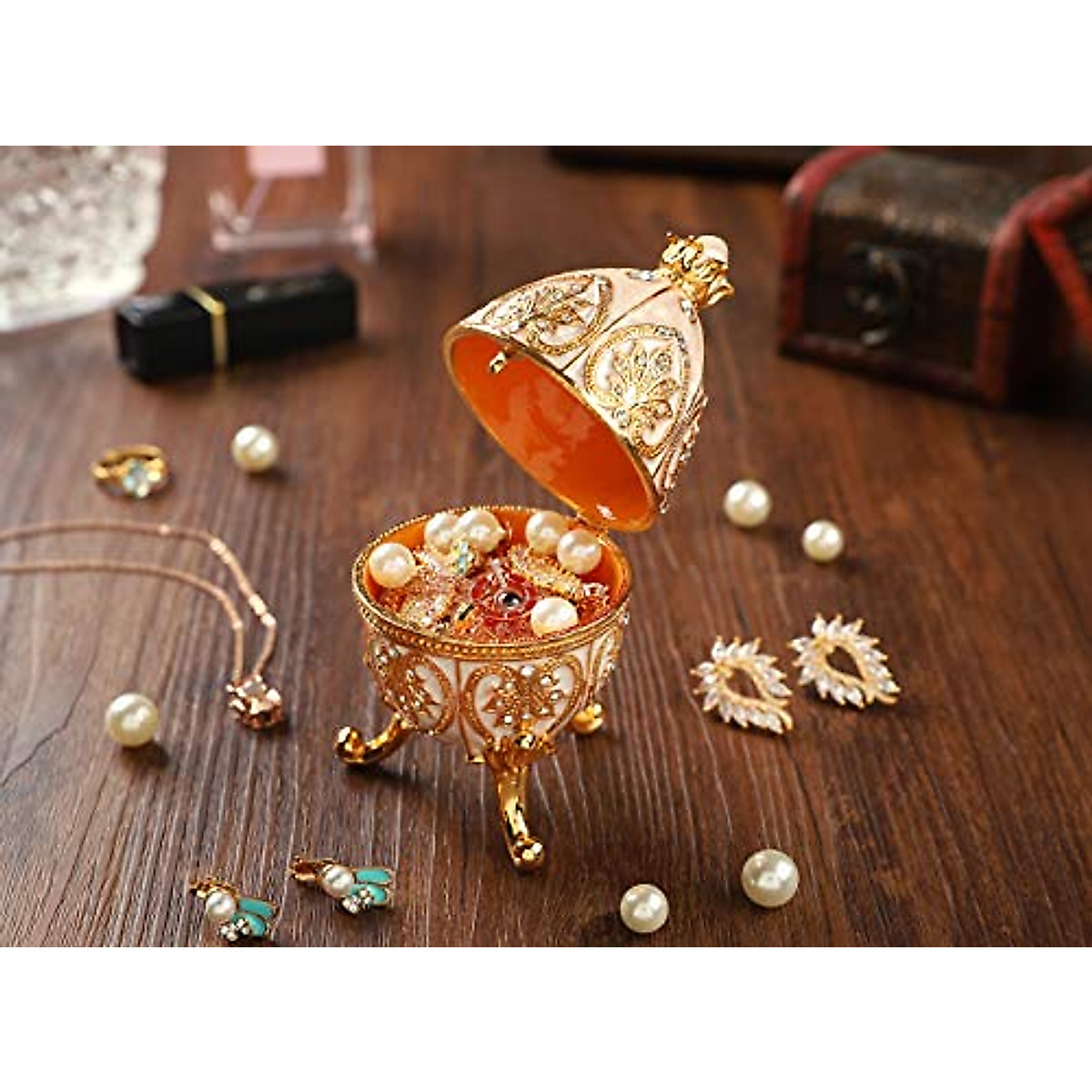 Furuida Trinket Box with Hinged White Faberge Egg Enameled Jewelry Box Classic Ornaments Metal Craft Gift for Home Decor