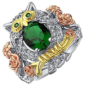 Ginger Lyne Collection - Hoot Owl Ring for Women Green Cubic Zirconia - Three-Tone Plating in Rose Gold, Gold, Platinum Over Copper - Clear Accent Stones