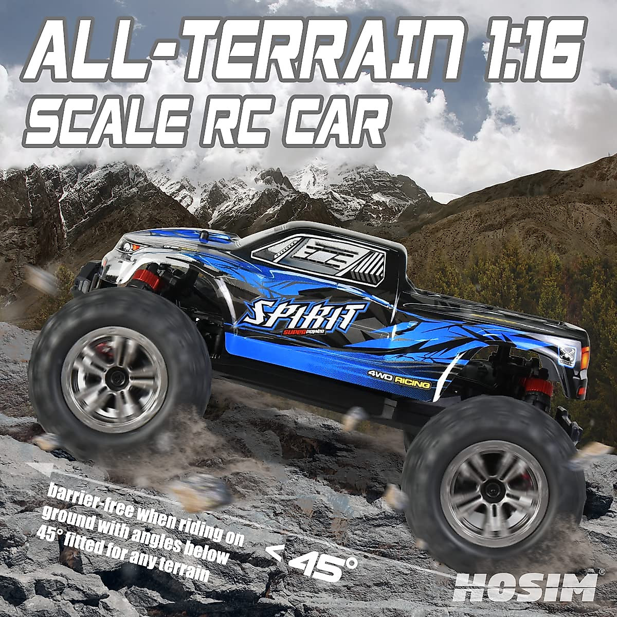 Hosim RC Car 1:16 All Terrain 4WD RC Monster Truck 40+ km/h Buggy Fast Remote Control Racing Cars for Adults and Children (Blue)