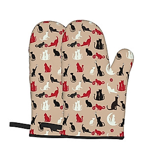 Cat Oven Mitts Set of 2 Birthday Gifts for Cat Lovers Waterproof and Non-Slip Shape Printed Kitchen Women Men Cooking Barbecue Microwave (Oven Mitts Cat, Khaki Mittens)