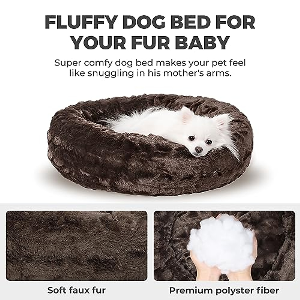 Veehoo Calming Dog Bed & Cat Bed, Anti-Anxiety Small Dog Beds for Medium Dogs, Washable Donut Round Pet Bed with Fluffy Faux Fur for Puppy and Kitten, 23x23 inch, Brown