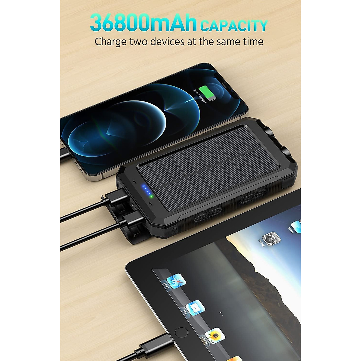Power-Bank-Portable-Charger-Solar - 36800mAh Waterproof Portable External Backup Battery Charger Built-in Dual QC 3.0 5V3.1A Fast USB and Flashlight for All Phone and Electronic Devices (Deep Black)