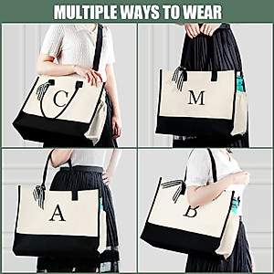 QLOVEA Canvas Beach Tote Bag for Women 16oz Personalized Tote Bag with Shoulder Strap&Zipper&Pockets, Embroidery Initial Canvas Bag for Bridal Shower Hostess Birthday Female Friend Letter H