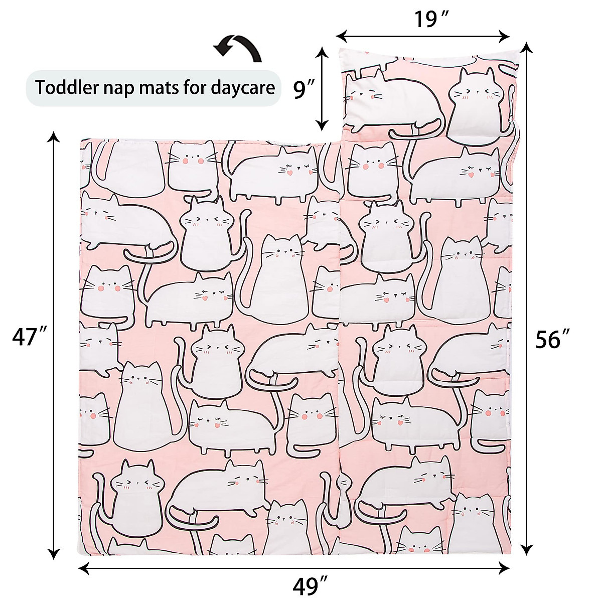 Rossison Nap Mat with Pillow and Blanket 100% Cotton with Microfiber Fill, Padded Sleeping Mat, for Daycare Preschool Toddler Prek Boys Girls Kids (Pink White Cat, Extra Long-56"x20")