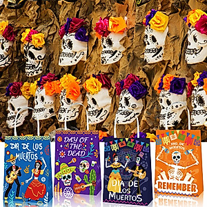 YVAINE 12 Pieces Day of The Dead Gift Bags with Handle Dia De Los Muertos Paper Party Favor Bags Sugar Skull Paper Bag for Halloween Birthday Party Decoration Mexican Fiesta Party Supplies