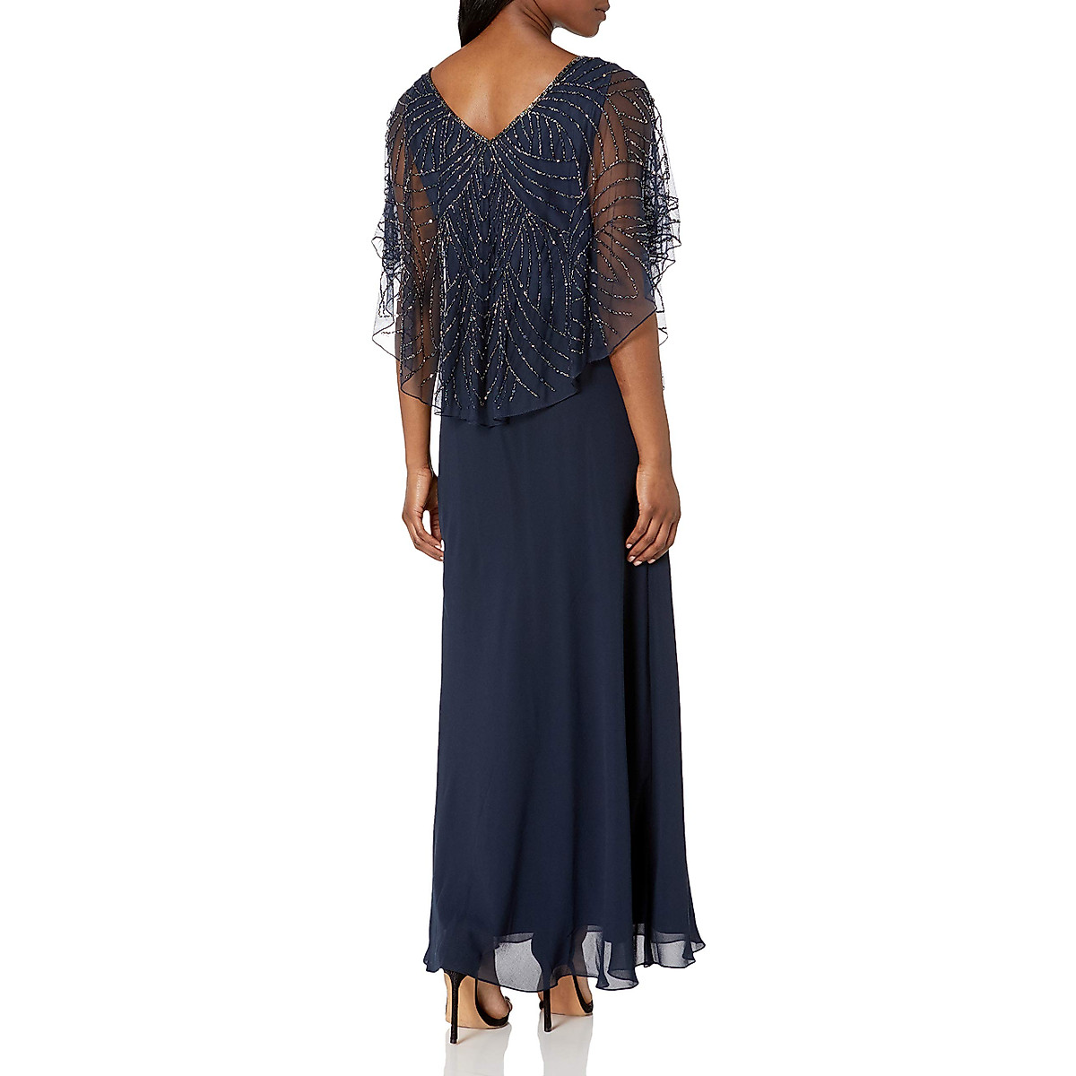 J Kara Women's Petite Pop Over Long Beaded Dress, Navy/Shaded/Mercury, 10P