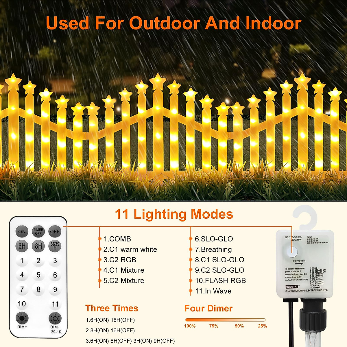 Garden Picket Fence Lights 8 Pack, 11 Modes Fence Lights with Remote,13.8 x 11 inch Christmas Tree Fence Lights Plug in,Plastic White Edgings Garden Picket Fence Lights for Landscape Patio Yard Xmas