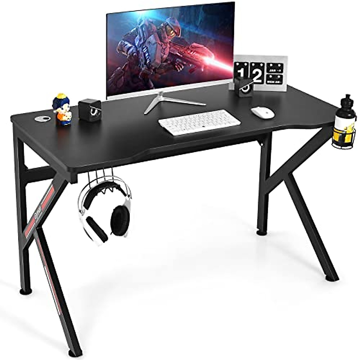 MEDIMALL 48” Gaming Desk, Racing Style Home Office Desk with Heavy-Duty K-Shaped Steel Frame, Ergonomic Gamer Work Station with Cup Holder & Headphone Hook & 2 Cable Management Holes, Black