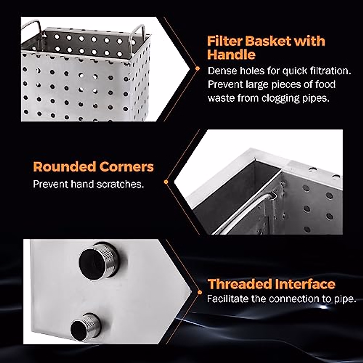 BEAMNOVA Commercial Grease Trap 8lbs Stainless Steel Interceptor Top Inlet for Restaurant Home Kitchen Tools, 13.98" x 10" x 9.25"(L*W*H)