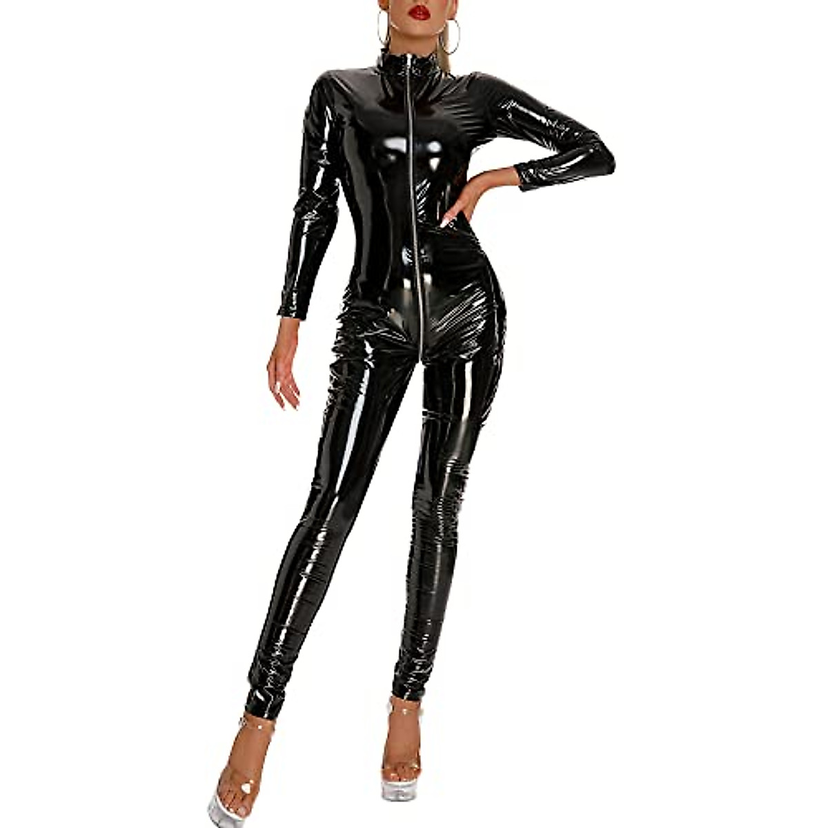 FEOYA Women’s Leather Body Suit Sexy Zipper Patent Lingerie Teddies Party Club Baby Dolls Bodysuit Wetlook Latex Liquid Jumpsuit Clubwear