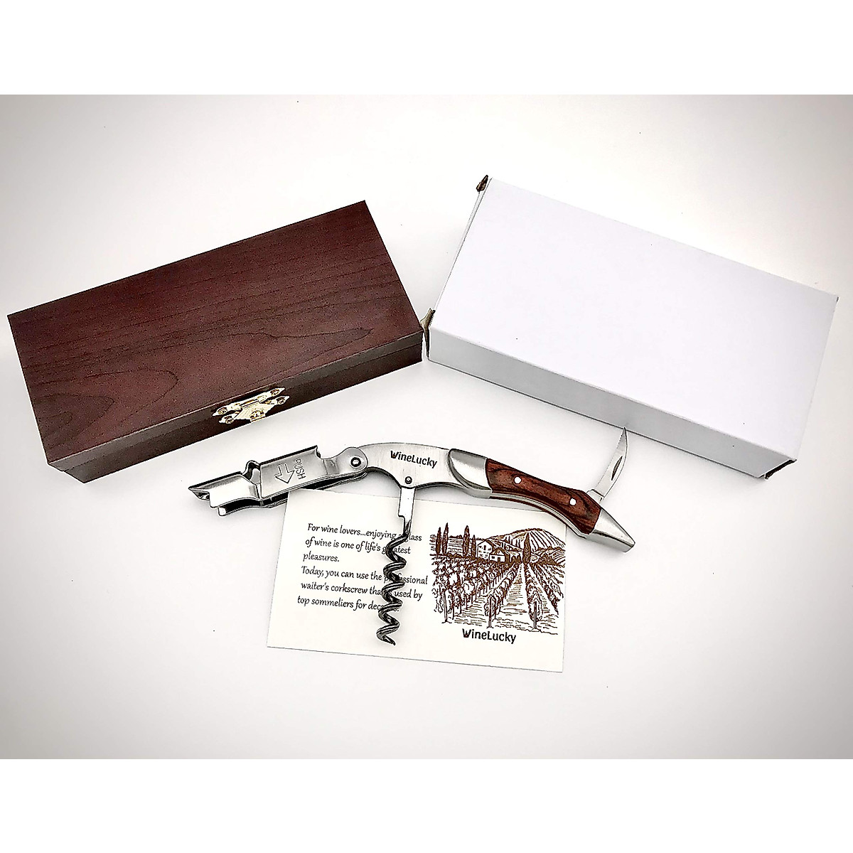 Wood Handle Wine Bottle Corkscrew Opener In A Wooden Box. Heavy Duty Sommelier Corkscrew Stainless Steel With Rosewood & Foil Cutter. An Elegant Gift For Wine Lovers & Waiters. (Brown, Rosewood)