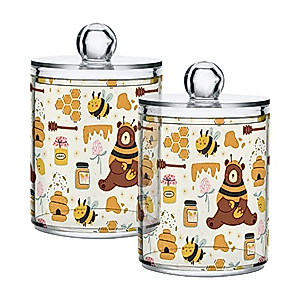 MNSRUU 2 Pack Qtip Holder Organizer Dispenser Bear Bee Bathroom Storage Canister Cotton Ball Holder Bathroom Containers for Cotton Swabs/Pads/Floss