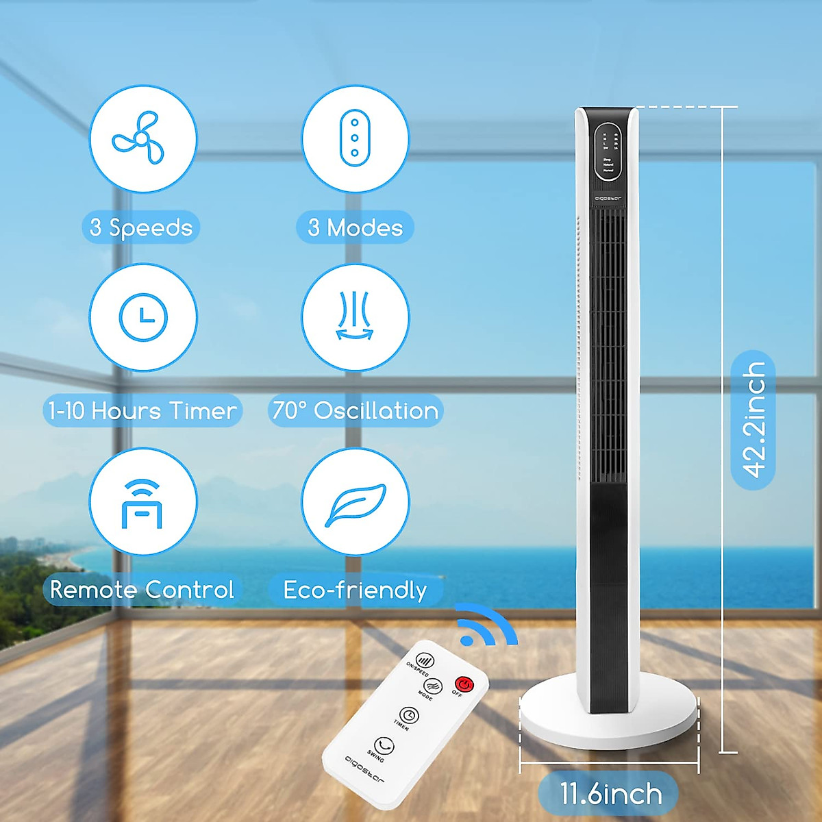 Aigostar Tower Fan, 42inch Oscillating Cooling Fan with Remote, Quiet Bladeless Floor Fan, 3 Speeds, 3 Modes, 10H Timer, LED Display with Touch Control, White Standing Fan for Bedroom Home Office