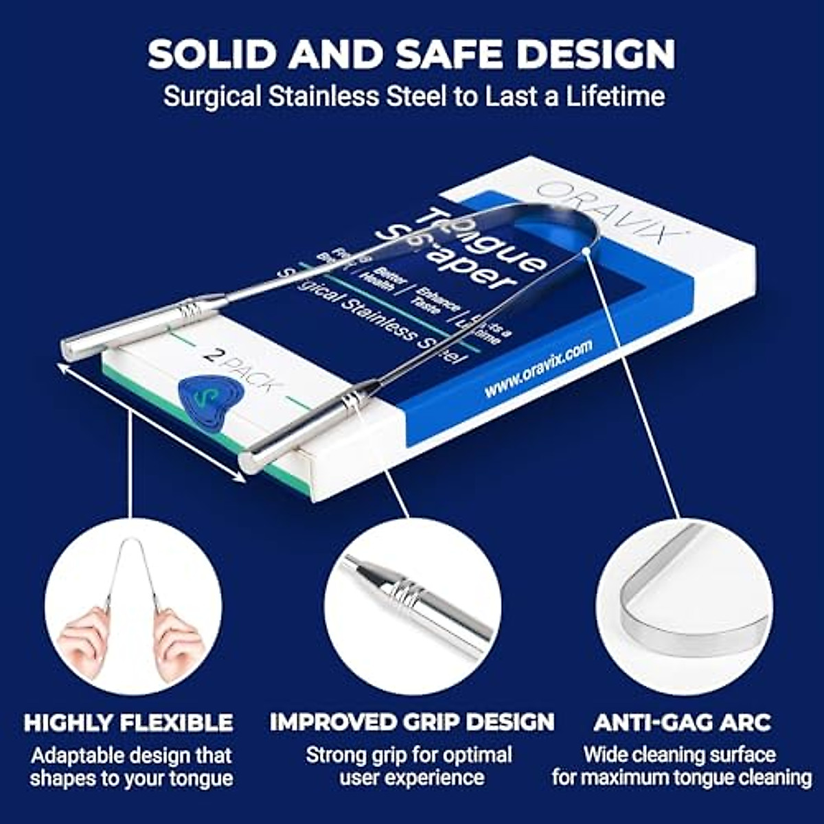 Tongue Scraper Stainless Steel | Three-Pack | Tongue Cleaner | for a Fresh Breath and Better Oral Health | Stainless Steel Tongue Scraper | Tongue Cleaner for Kids and Adults | ORAVIX