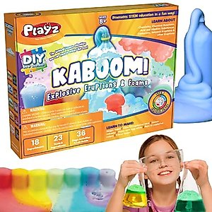 Playz KABOOM! Explosive Eruptions & Foam Bombs - 18+ Fun & Safe STEM Experiments Chemistry Set & Science Kits for Kids Age 8-12. Make Magic Foam, Volcano Eruption, & Glow In The Dark Chemical Reaction