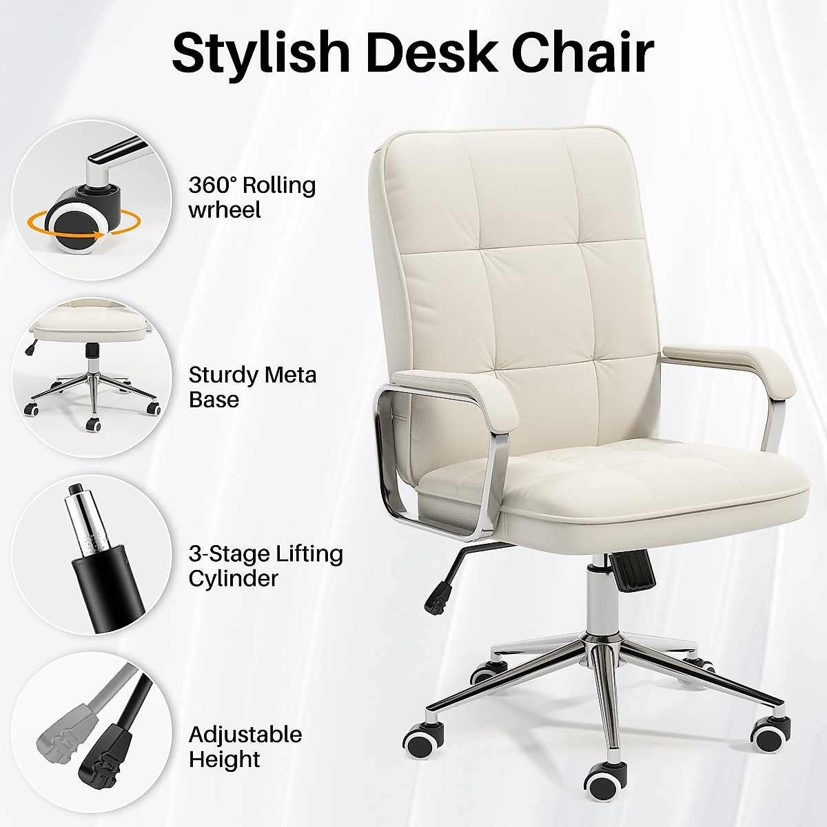 HomeZeer Home Office Desk Chair, Swivel Computer Desk Chair with Wheels and Padded Arms, Soft Leather, Adjustable Height and Tilt (White)