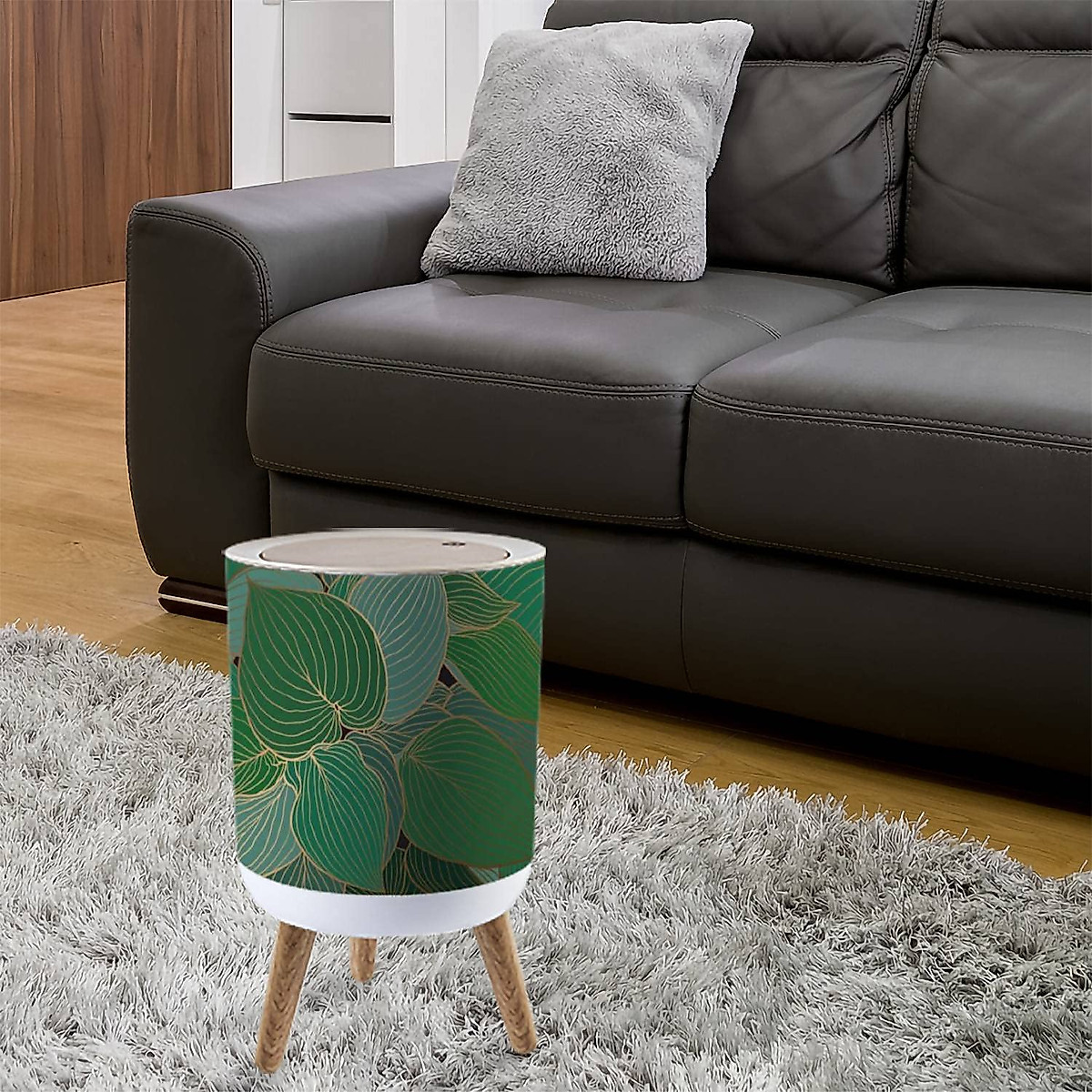 Small Trash Can with Lid Hand drawn emerald green Hosta leaves with copper outline stock 7 Liter Round Garbage Can Elasticity Press Cover Lid Wastebasket for Kitchen Bathroom Office 1.8 Gallon