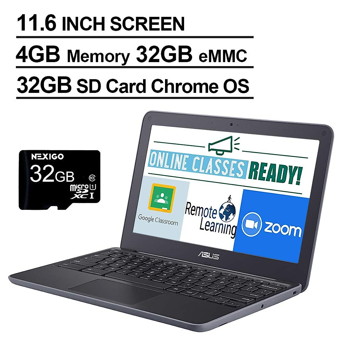 ASUS 2021 Newest Chromebook 11.6 Inch Laptop, MediaTek MT8173C 2.1GHz, 4GB RAM, 32GB eMMC, WiFi, Bluetooth, Webcam, Chrome OS + NexiGo 32GB MicroSD Card Bundle