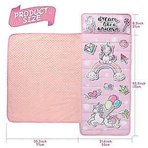 TANOSHII® Toddler Nap Mat with Pillow and Blanket, Portable Kids Sleeping Mats for Daycare, Preschool, 21" x 53", Lightweight and Soft Sleeping Bags for Kids (Unicorn, 21" x 53")