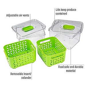 Goodful Produce Keeper, Adjustable Air Vents, Removable Insert/Colander, Durable Food Safe Material, Stackable, Clear and Green, Small, 7.6" x 5.6" x 4.2", Two Pack