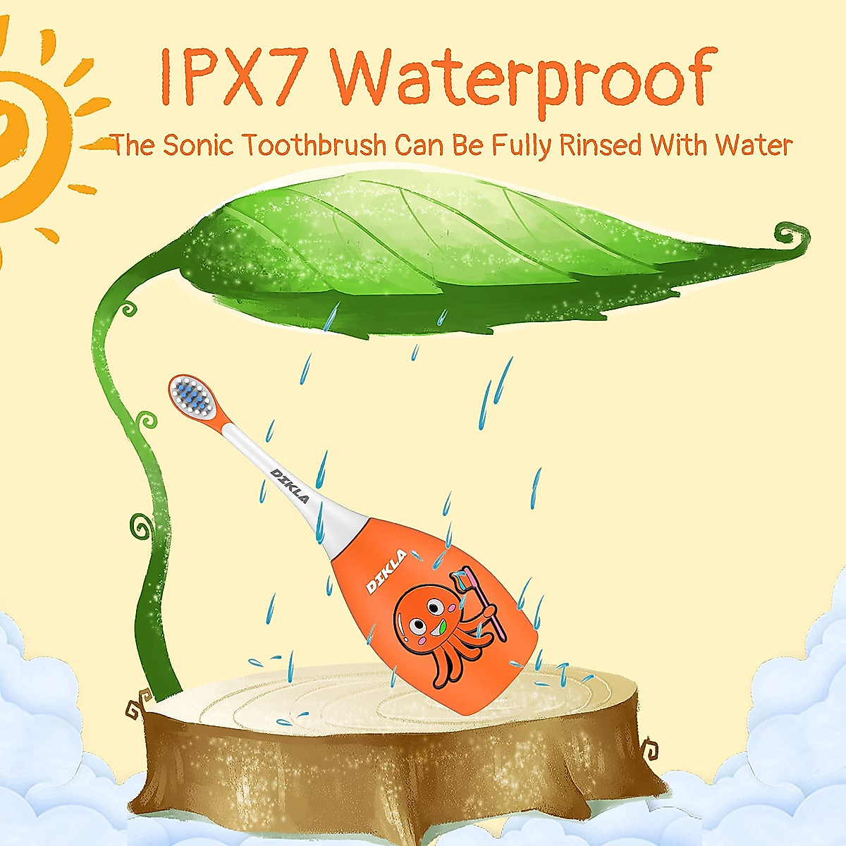 Kids Electric Toothbrush with Octopus Design for Children Aged from 3 to 12 Years Old, 2 Modes with Memory & 20000 to 31000 SPM, IPX7 Waterproof, Fun & Easy Cleaning Design (Orange)