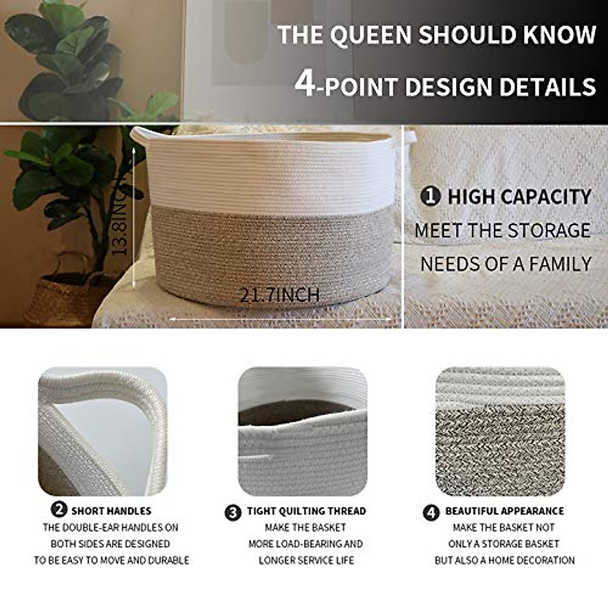 Basket Idea Extra Large Laundry Gift Basket( 21.7''x21.7''x13.8'' Inches Light Brown and White) Woven Cotton Storage Basket for Blankets Toys Clothes and Other Sundries to Make Your Home Look Neater