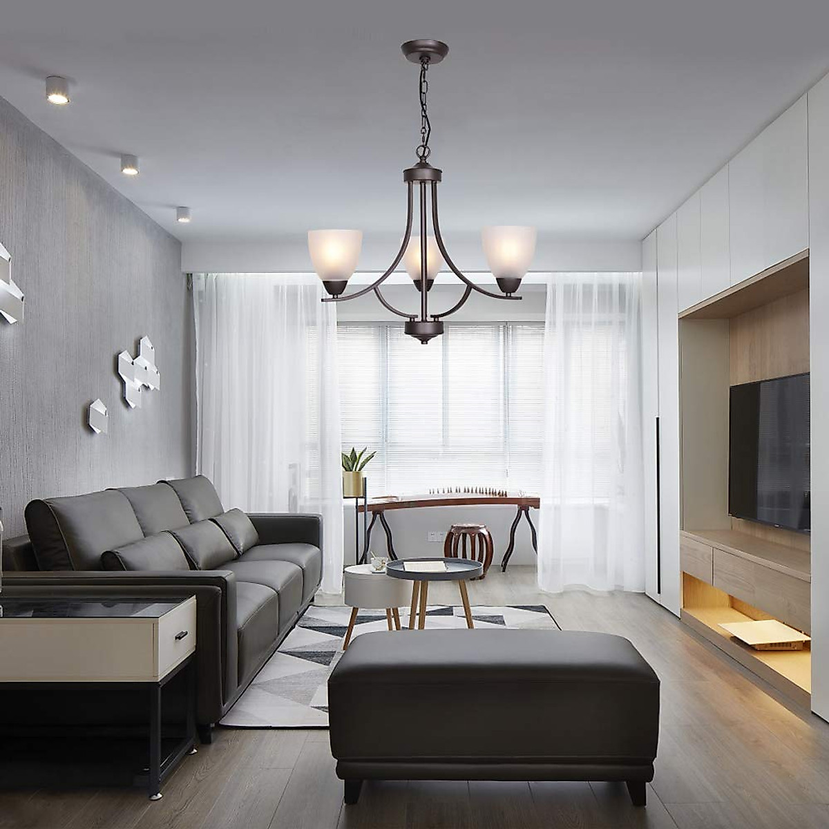 VINLUZ 3 Light Shaded Contemporary Chandeliers with Alabaster Glass Oil Rubbed Bronze Modern Light Fixtures Ceiling Hanging Mid Century Pendant Lighting for Dining Room Living Room Hallway Bedroom