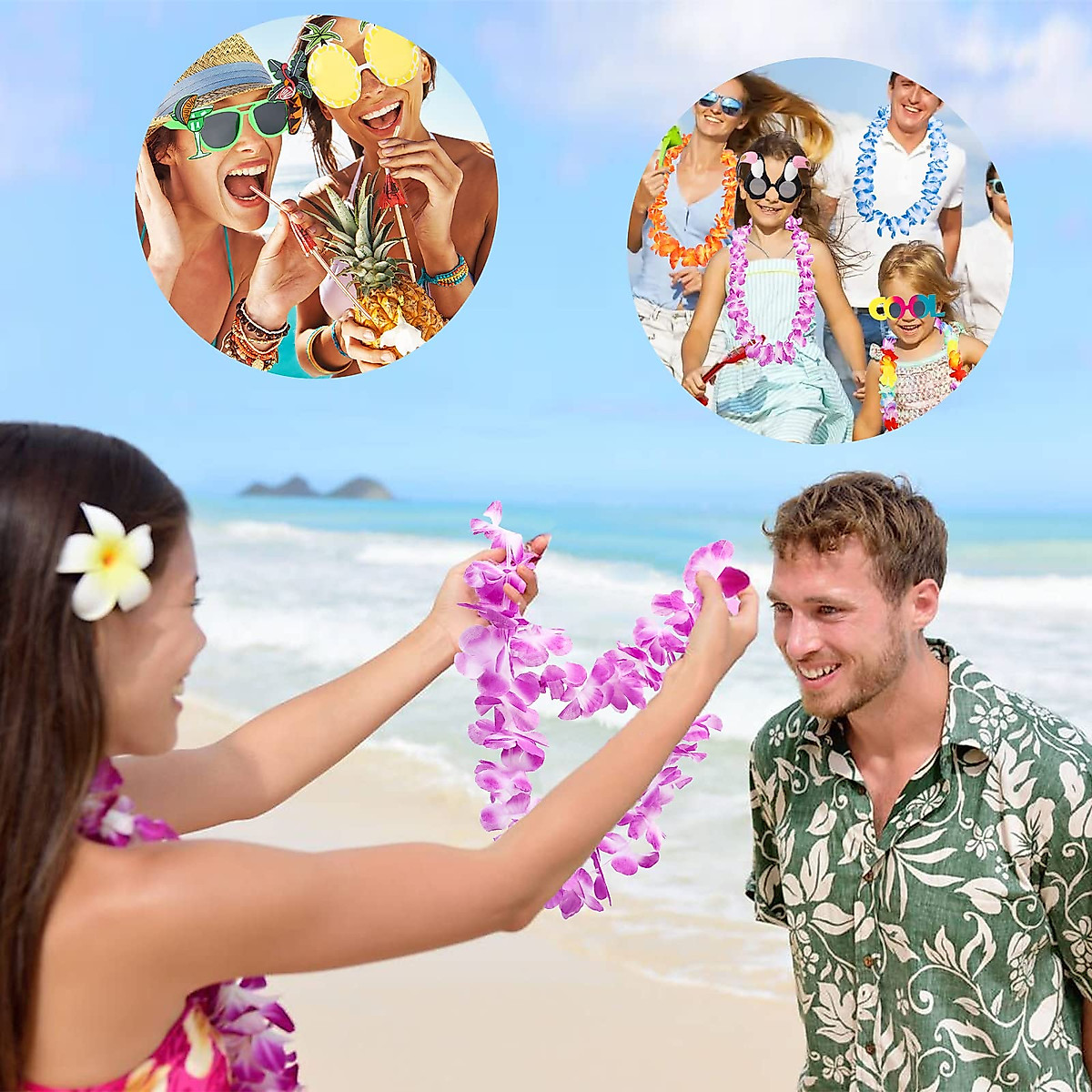 SLHOWOW 18pcs Hawaiian Party Decorations, 9 Pairs Funny Hawaiian Glasses and 9pcs Hawaiian Leis Bulk, Fun Summer Party Favors for Beach Wedding Birthday Party Decoration Supplies