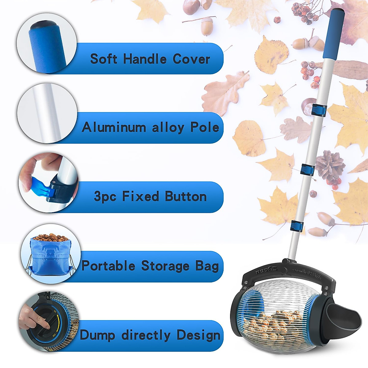 Zozen Acorn Picker Upper Roller, Acorn Dedicated Version | High Density Steelwire Gap - Directly Dump Outlet, Also Pick Nerf Balls, Pick Up Size 3/8'' to 1'' Small Diameter Objects, Capacity 1 Gallon