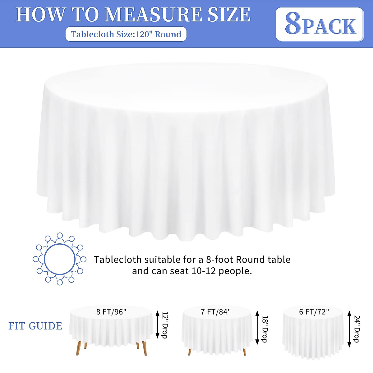 8 Pack White Round Tablecloth 120 Inch Circle Polyester Table Cloth, Washable Fabric Stain and Wrinkle Resistant Table Cover Round Table Clothes for Wedding Parties Banquet Reception Dining