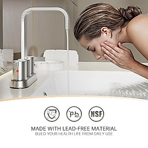 Phiestina Waterfall Bathroom Sink Faucet, Brushed Nickel 4 Inch 2 or 3 Hole Centerset RV Bathroom Faucet, with Swivel 360 Degree Spout, Metal Pop-Up Drain and Water Supply Lines, BF040B-1-BN