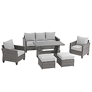 SUNSITT Patio Furniture Set 6-pcs Outdoor Furniture Conversation Sets with Lift Dining Table Wicker Patio Furniture Outdoor Couch Grey Rattan Light Grey Cushions for Garden, Backyard, Lawn