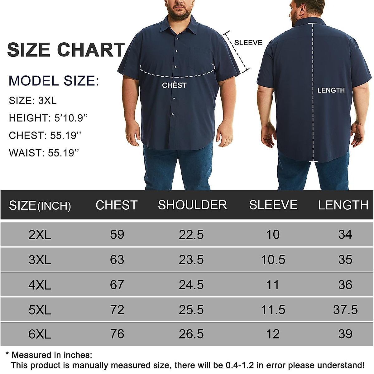 HOdo Big and Tall Mens Cotton Button Down Shirt Navy 4XL