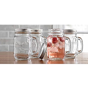 Glaver's Mason Jar 16 Oz. Glass Mugs with Handle and Lid Set Of 6 Old Fashioned Drinking Glass Bottles Original Mason Jar Pint Sized Cup Set.