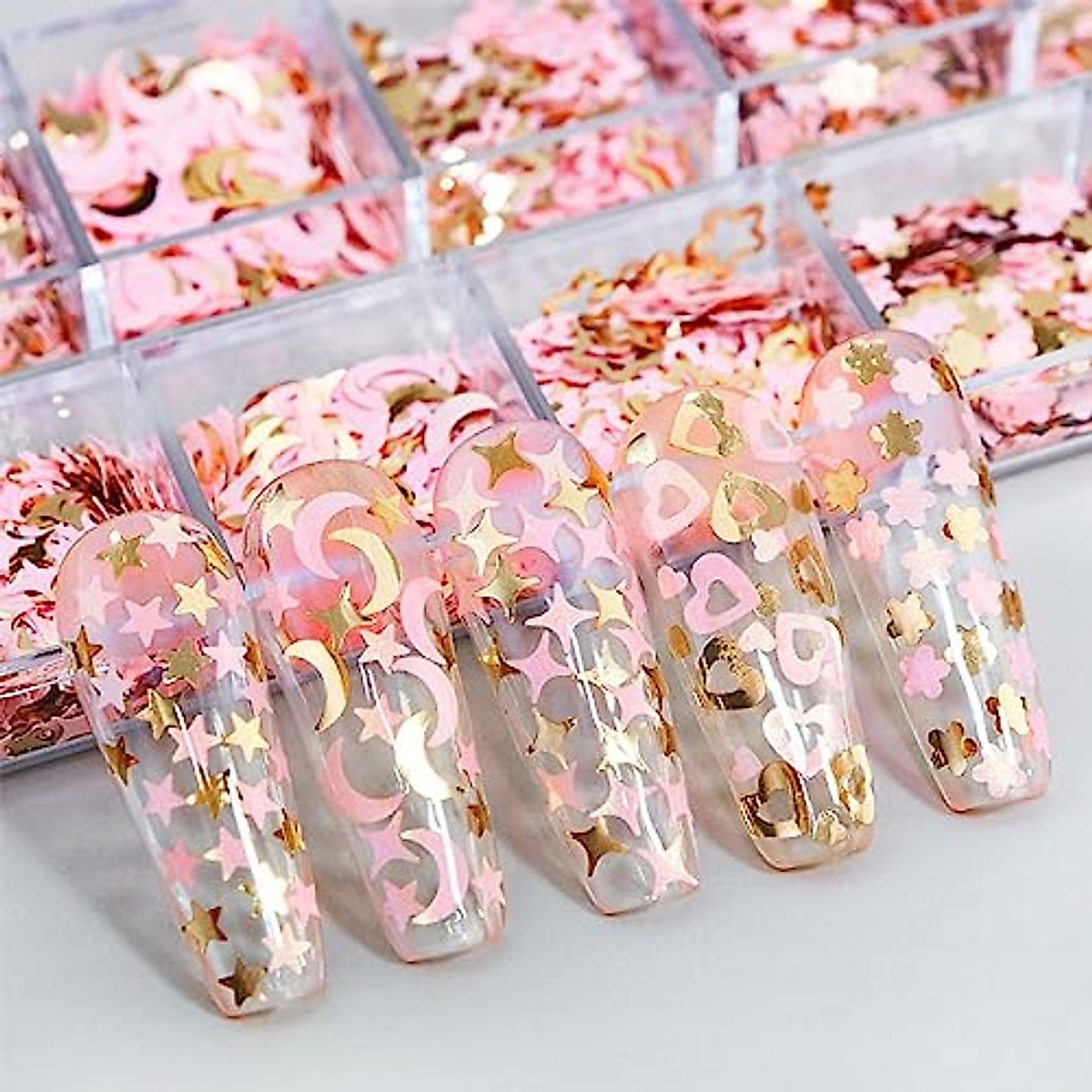 KACHIMOO KACHIMOO Nail Glitter Sequins,12 Grids Gold Pink Nail Glitter Flakes 3D Cherry Blossoms Moon Star Nail Sequin Flakes Heart Nail Charm Nail Accessories for Nail Art Decoration