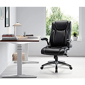 COLAMY Office Chair, Executive High Back Computer Chair, Ergonomic Chair with Adjustable Lumbar Support, Thick Leather Desk Chair Flip-up Arms, Swivel Rolling Work Chair for Adults, Men, Women (Black)