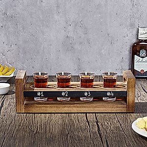 MyGift Flight Serving Caddy Set, Rustic Burnt Solid Wood Tasting Holding Tray with Handles - Includes 4 Clear Shot Glasses and Chalkboard Label Panel