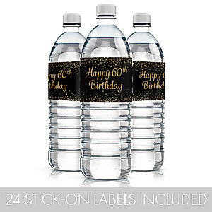 Black and Gold 60th Birthday Party Water Bottle Labels - 24 Stickers, 60th Birthday Decorations