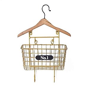 PIBM Stylish Simplicity Shelf Wall Mounted Floating Rack Shelves Retro Iron Art Solid Wood Basket Child Hangers Flower Stand,2 Sizes,2 Colours, Gold , 35.5x67cm