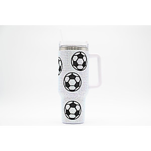 SEM LIFE 40 Oz Rhinestone Bling Tumbler with Handle and Straw (SOCCER), Stainless Steel and Double Wall Insulated